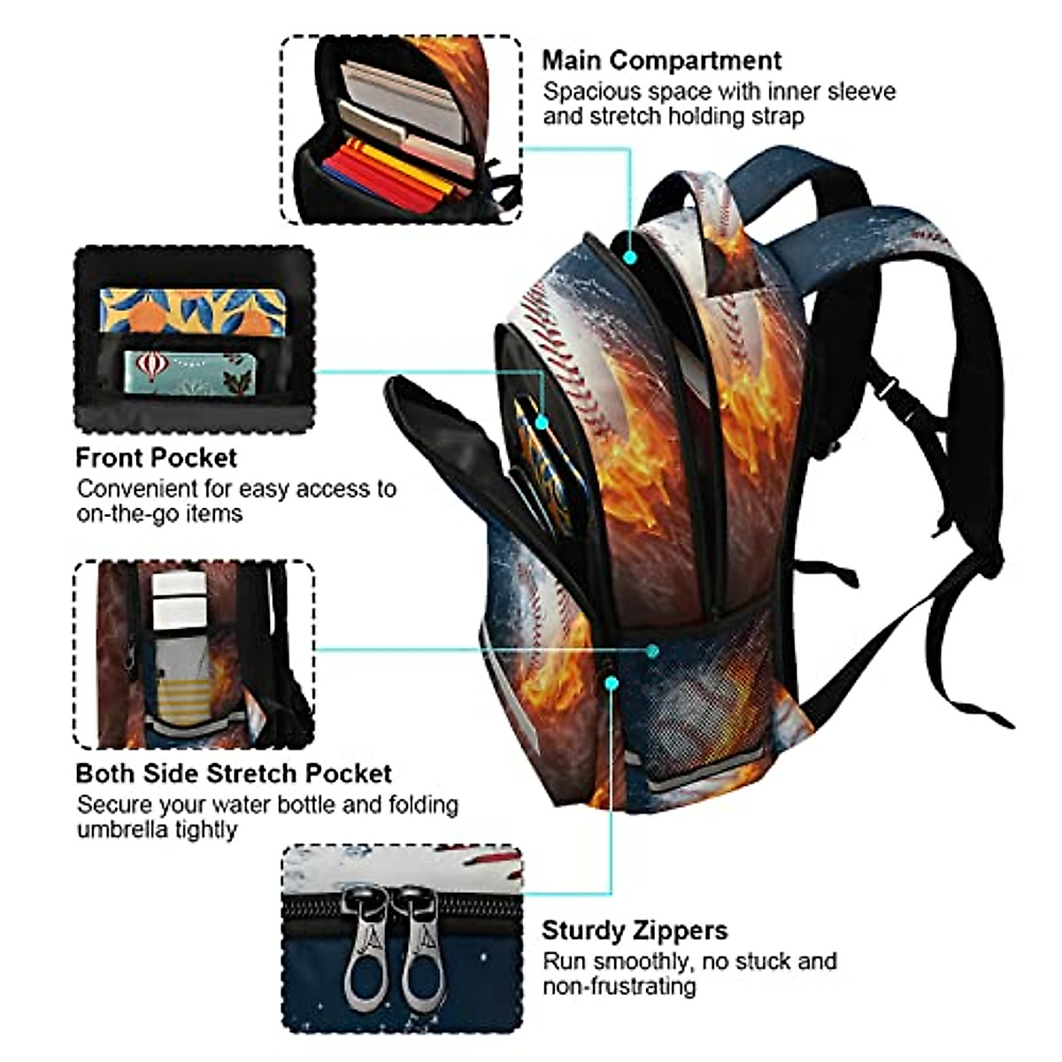 Kcldeci Baseball Ball in Fire and Water Preschool Backpack Kindergarten Little Kid Toddler School Backpacks Bookbag for Boys and Girls with Chest Strap