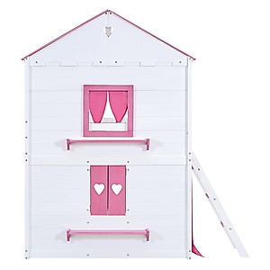 Merax Full Over Full Bunk Wood House Bed with Elegant Windows, Sills and Tent, Pink+White