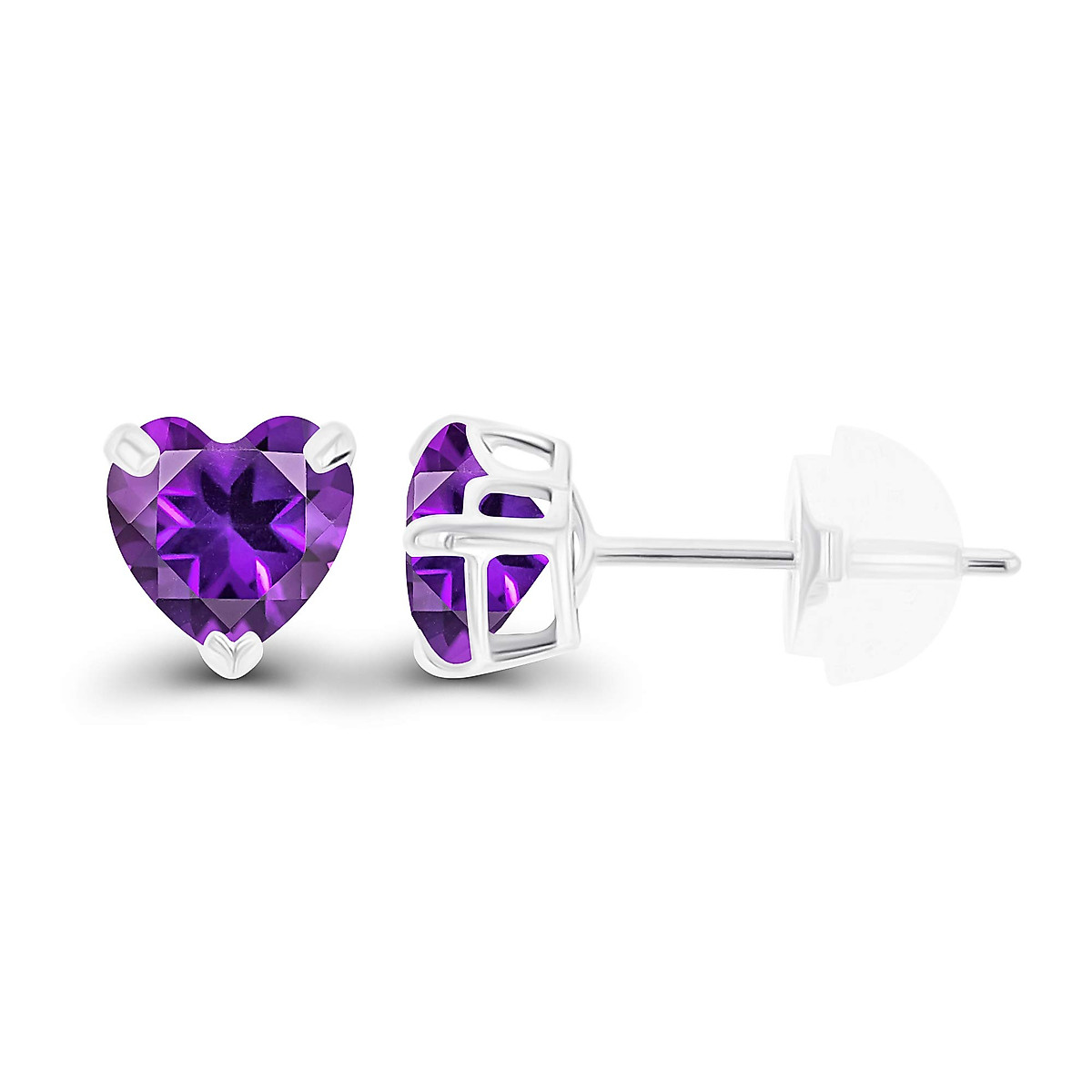 Solid 14K White Gold 5mm Heart Natural Purple Amethyst February Birthstone Genuine Stud Earrings For Women