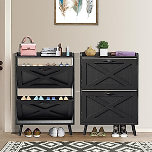 SUNCROWN Shoe Cabinet Storage with 2 Flip Drawers, Freestanding Shoe Organizer with Wooden Legs, Narrow Entryway Shoes Storage Cabinet, Shoe Rack Shelves,Black-Small
