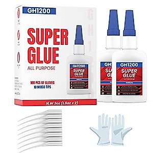 Super Glue 85g (42.5g × 2) SuperGlue All Purpose with Anti Clog Cap, 100 Pcs Gloves and Microtips 3 Oz Pack of 2 (1.5 x 2)