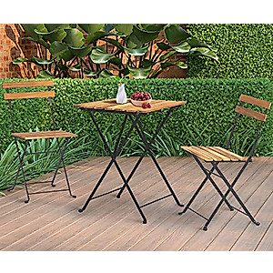SUNBURY 3 Piece Patio Bistro Set, Outdoor Furniture Set, Weather-Resistant Folding Table and Chairs, Wooden Top Steel Frame Foldable Chairs for Outdoor/Indoor, Balcony (Burlywood)