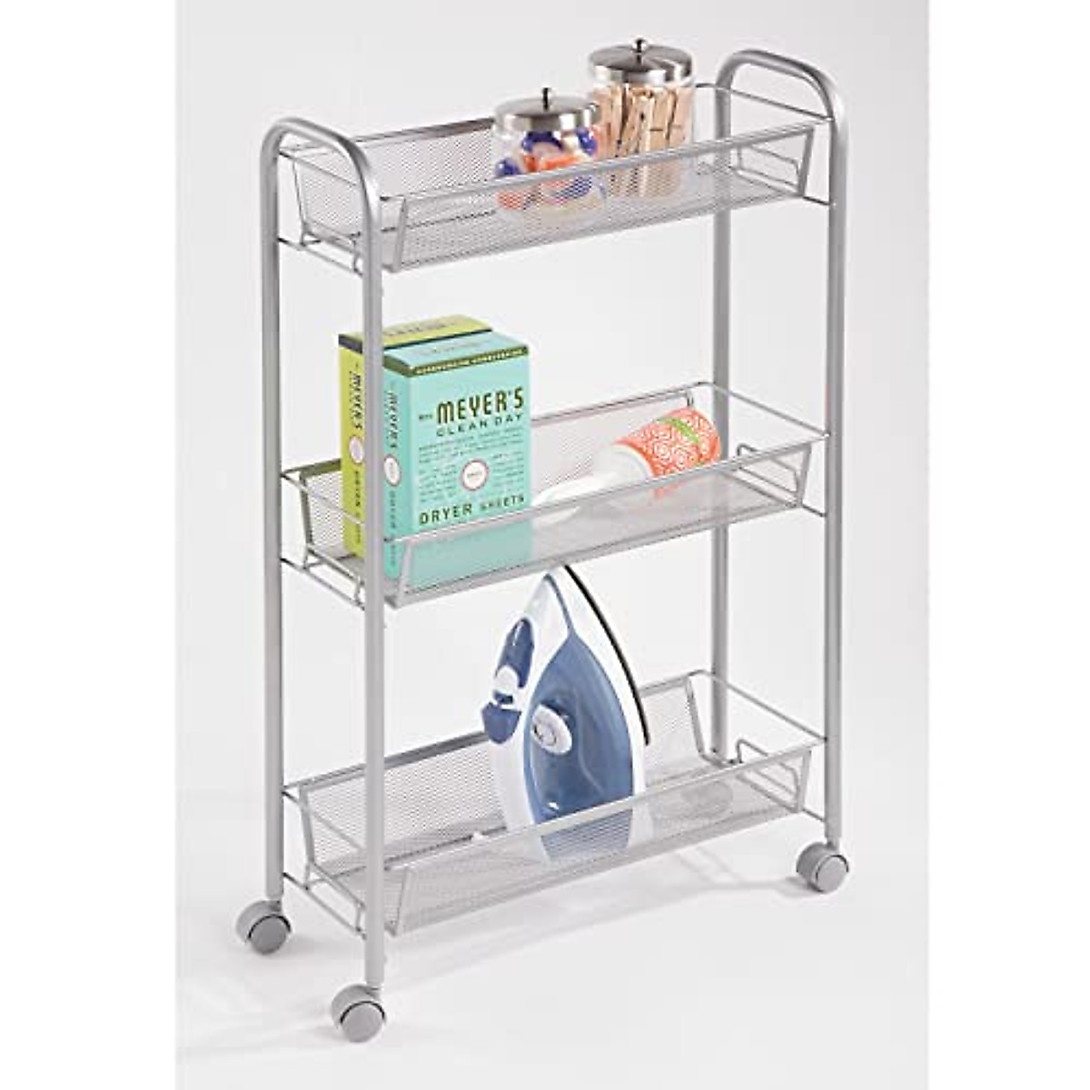 mDesign Steel Rolling Utility Cart Storage Organizer Trolley with 3 Basket Shelves for Laundry Room, Mudroom, Garage, Bathroom Organization - Holds Detergents, Hand Soap - Biro Collection, Silver