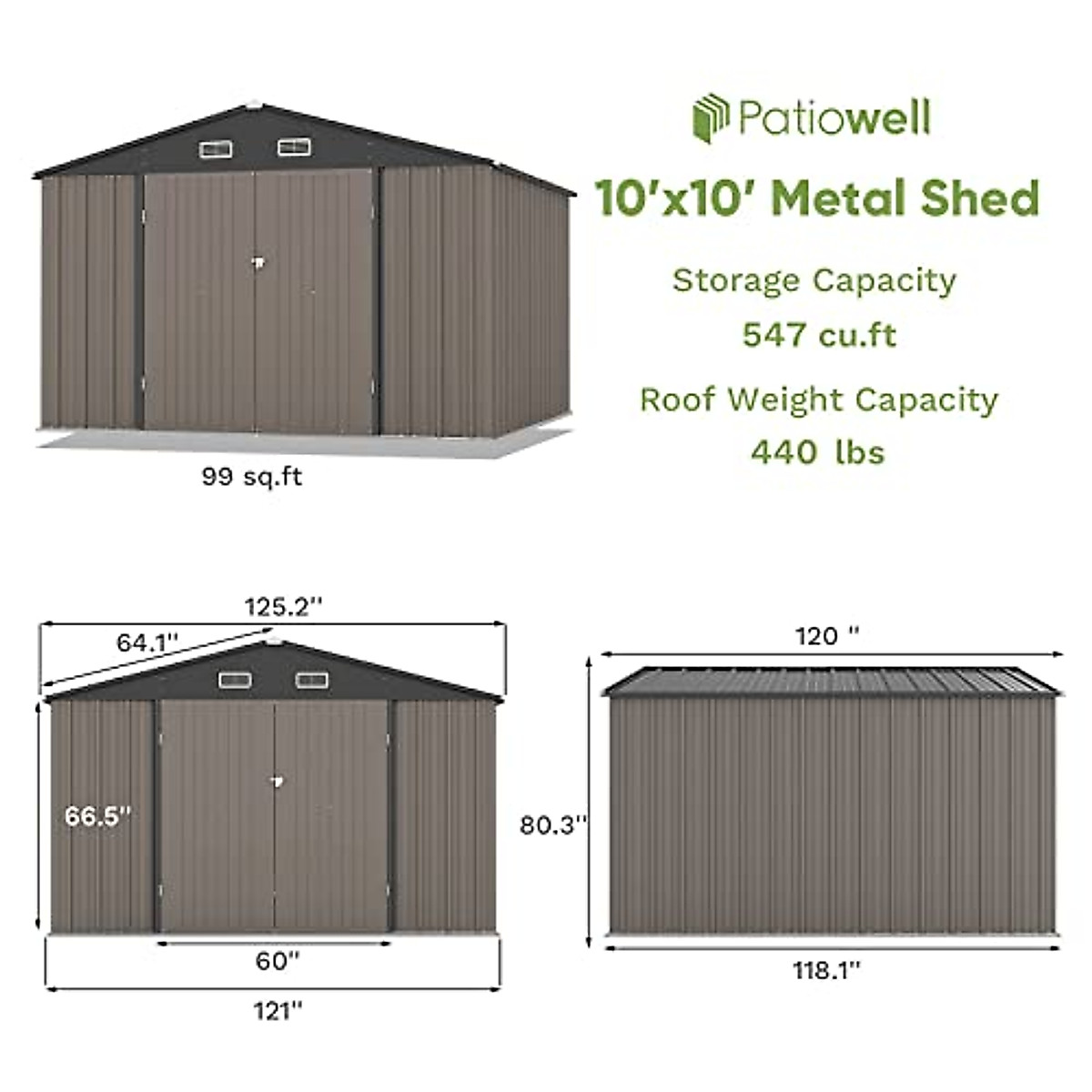 Patiowell 10 x 10 FT Outdoor Storage Shed, Steel Yard Shed with Design of Lockable Doors, Utility and Tool Storage for Garden, Backyard, Patio, Outside use,Brown