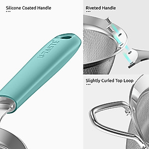 18/8 Stainless Steel Mesh Strainer: U-Taste 3.9 Inch Kitchen Fine Mesh Sieve Food Colander with Riveted Sturdy Silicone Handle and 30 Mesh Hole for Straining Flour, Quinoa, Tea, Juice (Aqua Sky)