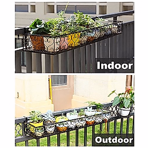 QUMENEY Metal Railing Planter with Hooks, Iron Hanging Planter Basket, Balcony Plant Holder Fence Hanging Bucket Pot Flower Holder for Outdoor Garden Porch Patio (Black, 23.6 x 7.8 x 4.7 Inch)