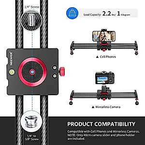 NEEWER 16"/40cm Carbon Fiber Camera Slider, Lightweight Rail Dolly Track Slider with 4 Bearings, Phone Clip, Compatible with Mirrorless Camera iPhone 13 13 Pro 13 Pro Max, Max Load 2.2lb/1kg, VS-CF50