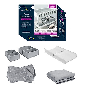 Delta Children Serta 7-Piece Essential Changing Table Set - Newborn Baby Gift Set for Boys and Girls – Includes Changing Pad, Plush Changing Pad Cover, 3 Changing Pad Liners and 2 Storage Bins, Grey