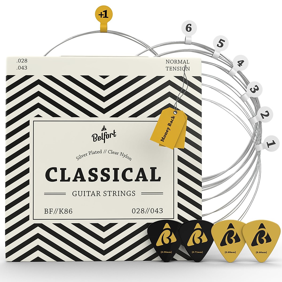 BELFORT® guitar strings classical guitar, strings for classical guitar made of nylon and silver, acoustic guitar (6-string set) - Incl. 4 picks + extra high E-string (028//043) (028//043)
