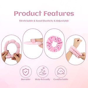 Araluky Spa Headband Set, 7Pcs Puffy Terry Cloth Headband and Wristband for Skincare, Makeup, Yoga, Shower, Spa Party, Sleepover Party, Pink
