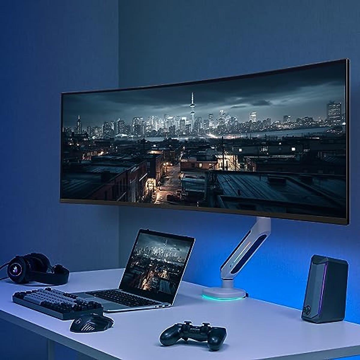 AVLT Single 27”-45” RGB Gaming Monitor Arm Desk Mount Built-in 20 Lighting Modes Touch Button Control Fits Flat/Curved/Ultrawide Monitor Height Swivel Tilt Rotation Adjustable Monitor Stand -White