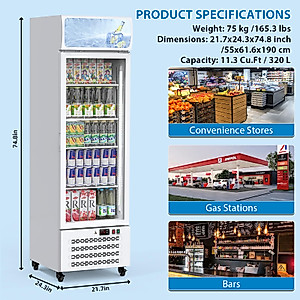 PullaFun 11.5 Cu.Ft. Commercial Display Fridge for Beverages, Display Refrigerator Drink Cooler Case Fridge With Led Light for Shop, Restaurant, Apartment, Adjustable Shelves, White