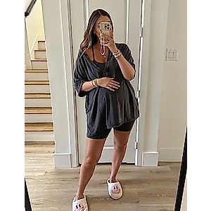 TIQOJE Womens Workout Set 2 Piece Outfits Oversized V Neck T Shirt Biker Shorts Reversible Set(-Darkgrey01-Medium)