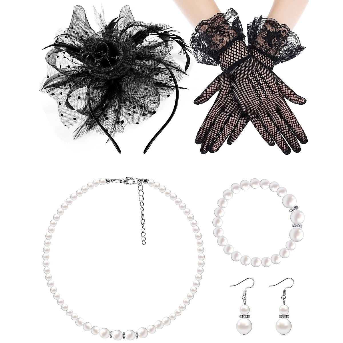 1920s Black Fascinators Hat Set for Women Tea Party Headband Lace Gloves Pearl Jewelry Set Cocktail Tea Party Banquet Wedding Halloween Retro Tiara
