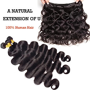 Body Wave Bundles with Closure Human Hair Weave 3 Bundles Human Hair with 4x4 Free Part Lace Closure Human Hair 100% Unprocessed Brazilian Bundles Human Hair Extensions Natural Black