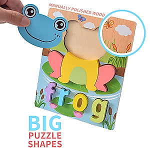 Cheerlyhood Toddler Jigsaw Puzzles Wooden Montessori Educational Preschool Learning Toys Frog Bee Snail Owl 4 Pack