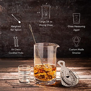 Cork & Mill Cocktail Mixing Glass, Old Fashioned Kit, Large 24 oz Crystal Cocktail Mixer for Bartenders and Mixologists, 9-Piece Bar Accessories Cocktail Set for Manhattans and Other Whiskey Drinks
