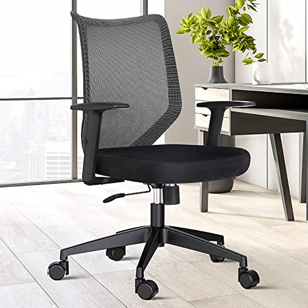 ETasker Office Chair with Adjustable Arms Mid-Back Desk Chair Black - Breathable Mesh Ergonomic Office Chair - Swivel Computer Chair with Rocking Function - Height Adjustable Home Office Desk Chair