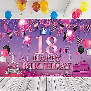 Happy 18th Birthday Backdrop Banner Pink Purple 18th Sign Poster 18 Birthday Party Supplies for Anniversary Photo Booth Photography Background Birthday Party Decorations, 72.8 x 43.3 Inch