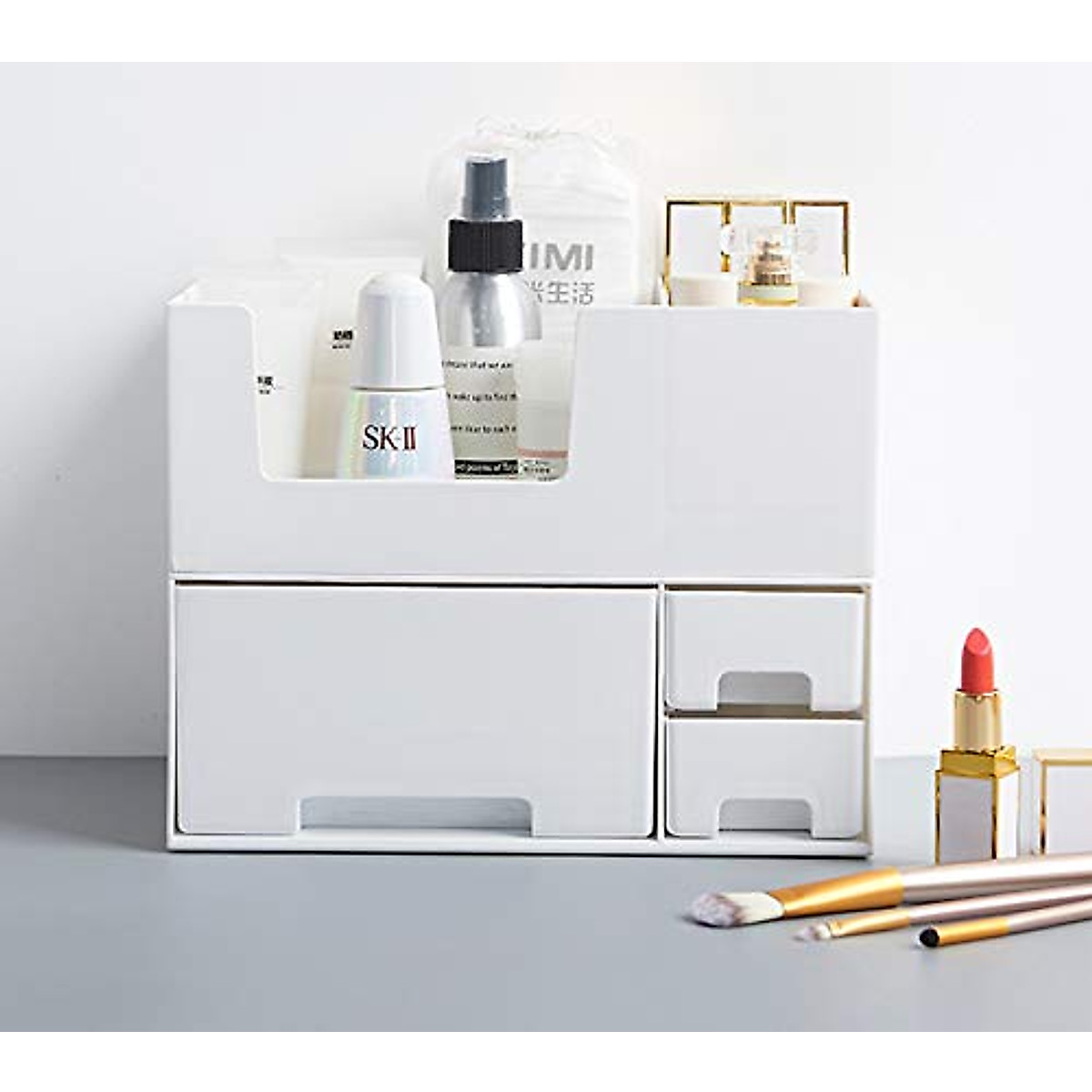 Yarlung Stackable Makeup Organizer with Drawers, Plastic Storage Box Countertop Display Case for Desk Sundry, Bathroom Vanity, Lipsticks, Cosmetic, White