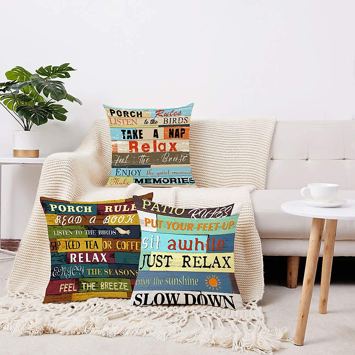 KJONG Patio Rules Throw Pillow Covers Porch Decorations Outdoor Pillow Covers Retro Rustic Wood Texture Pillowcovers Square Pillowcase for Home Garden Farmhouse Decor Patio Décor 18X18 inch