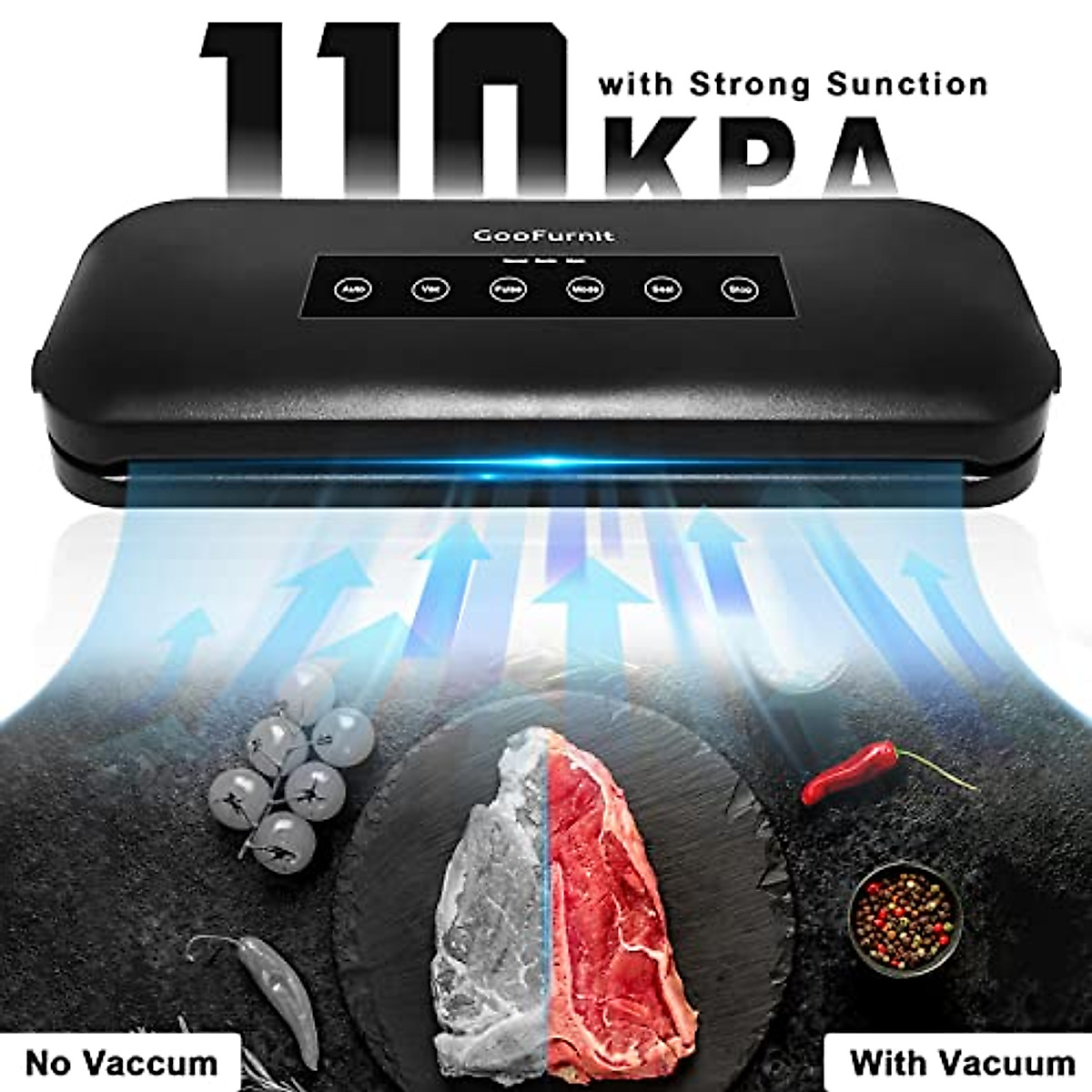 GooFurnit Vacuum Sealer Machine (110Kpa) with Vaccum Bags, Food Storage Food Vacuum Sealer with Dry/Gentle/Moist Automatic Air Sealing System, Low Noise One-Touch Automatic Food Sealer with External Vacuum System, Detachable Design with LED Indicator Ligh