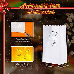 100 Pieces Christmas Luminary Bags White Paper Luminary Bags Flame Resistant Candle Bags Lantern Bags 5 Designs with Christmas Tree Snowflake Snowman Reindeer for Christmas Party Decoration