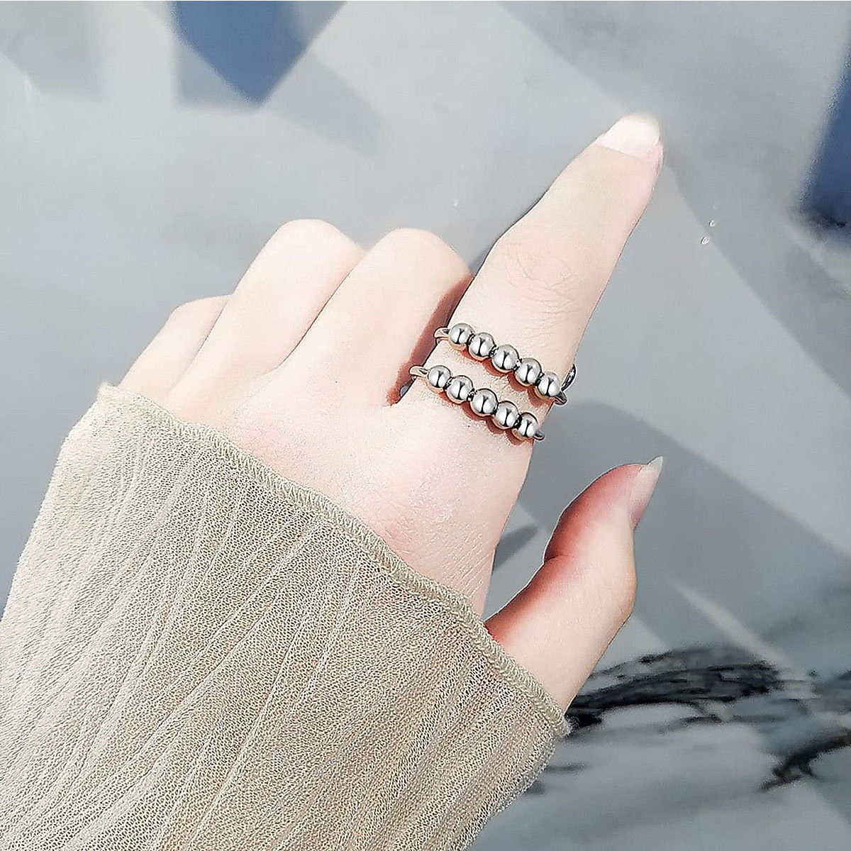 To My Daughter Fidget Rings ，Drive Away Your Anxiety Circle Beads Spinner Ring Adjustable Open Double Layer Ring Jewelry Gift for Mother Daughter (Silver)