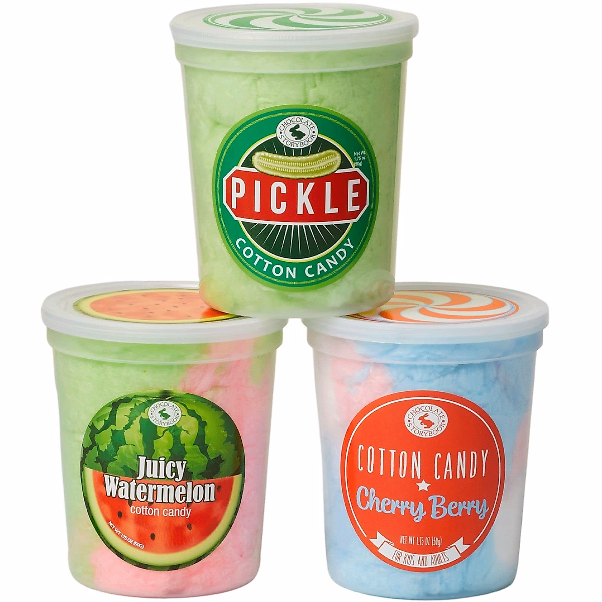 Juicy Bites Cotton Candy Gift Set of 3 Pickle, Cherry Berry, Juicy Watermelon - Unique ideas for Holidays, Birthdays, Gag Gifts, Party Favors