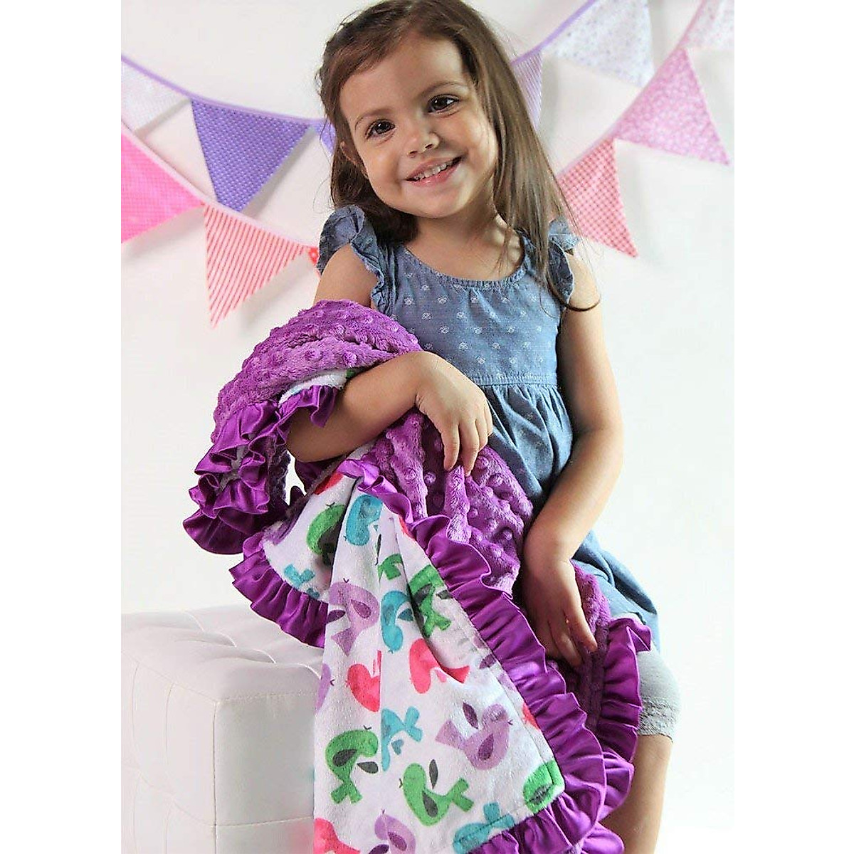 Baby Girls Reversible Minky Velboa Stroller Blanket (Choose Color) (Birds/Violet)
