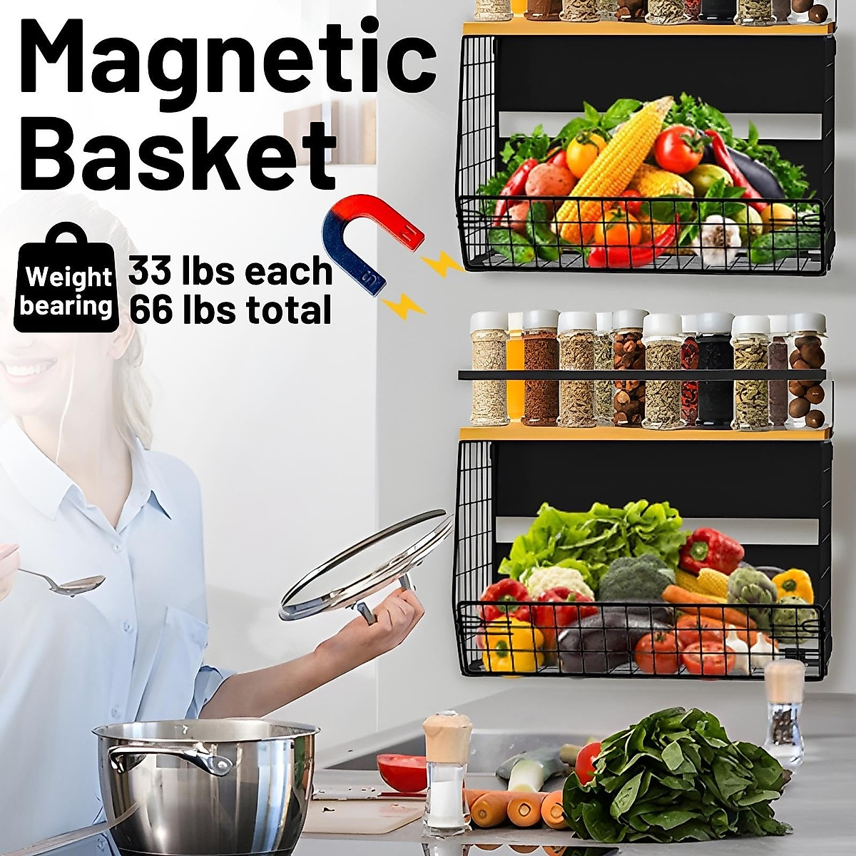 2 Set Magnetic Shelf for Refrigerator with Wood Lid, Fruit Potato & Onion Storage Bins, Pantry Organizers & Storage, Large Container Magnetic Spice Rack for Refrigerator, Kitchen Counter, Cabinet