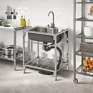 Commercial Restaurant Sink Set Free Standing Stainless-Steel Single Bowl w/Faucet,Utility Washing Hand Basin w/Storage Shelve, laundry tub for Indoor Outdoor L26.7"x H33.46"xW17.3"