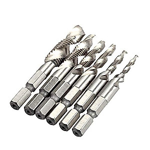 Bestgle Set of 6 SAE Drill Tap Combination Bits HSS Deburr Countersink Bit Set with 1/4 Inch Hex Shank Tool Kit BSW 1/8, 5/32, 3/16, 1/4, 5/16, 3/8