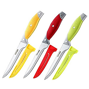 VITUER Boning Knife, 6PCS Fillet Knives (3PCS Filet Knife and 3PCS Knife Cover), 6 Inch Curved Boning Knife for Meat, Fish, Poultry, Cutting, Trimming, German Steel, PP Handle
