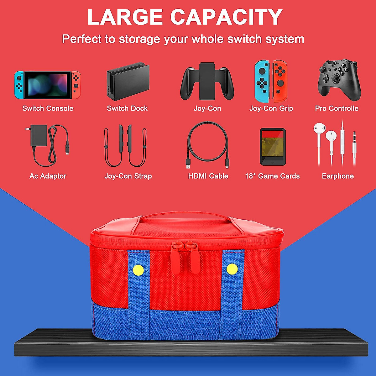 Cute Switch Carry Case for Nintendo Switch/Lite/OLED, Portable Soft Shell Waterproof Protective Storage Travel Carrying Case Messenger Bag Oxford for NS SD Console Dock JoyCons Accessories, Blue & Red