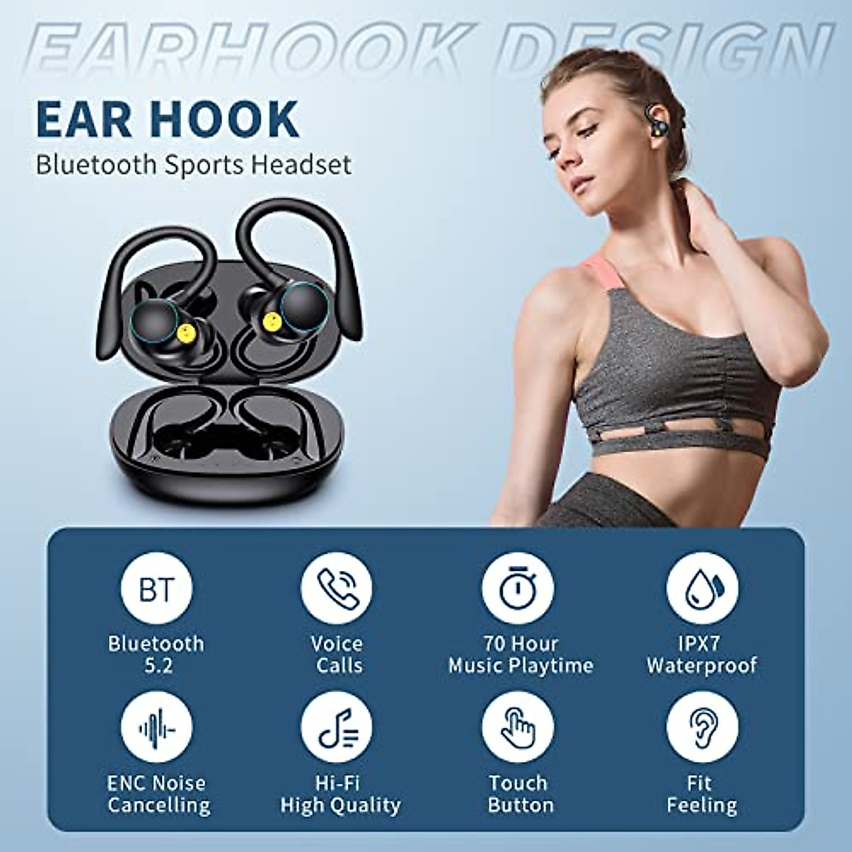 Bluetooth5.2 Headphones HD Calls 120Hrs Playtime Wireless Earbuds with Charging Case Wireless IPX7 Waterproof Ear Buds Touch Control Over-Ear Earphones with Earhooks for Sports/Running/Work/Gaming