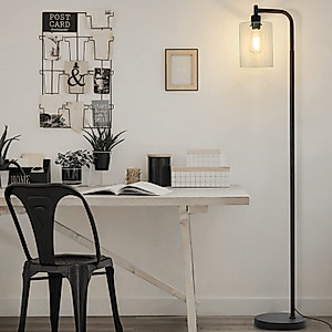 MAXvolador Industrial Floor Lamp, Modern Standing Lamps with Hanging Clear Glass Shade, Classic Reading Tall Pole Light for Living Room Bedroom Office Study Room Farmhouse, Black