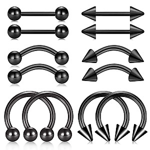 FECTAS 14G Straight Curved Horseshoe Barbells Snake Eyes Tongue Rings Nipplerings Belly Eyebrow Ring Silver Stainless Steel Piercing Jewelry Pack 12pcs