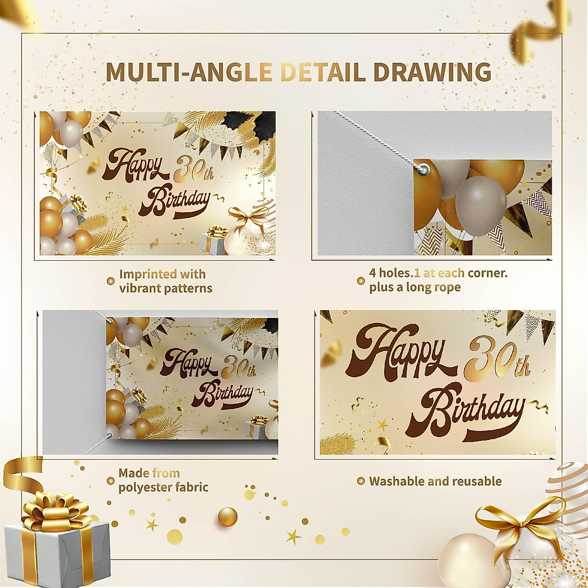 Bing-Haoze 30th Happy Birthday Backdrop Banner- 71“x 44” Gold Happy Birthday Decorations Banner Party Decorations Supplies Photo Background for Men Women Birthday Party