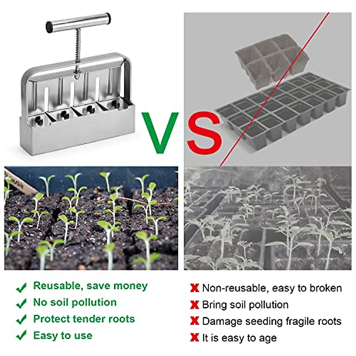 FLOLXNB Soil Blocker, Upgraded 2 inch Soil Block Maker with 12Pcs of Seed Pins, Soil Blocking Tool for Outdoor Garden Send Plants, Silver