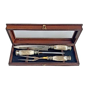 Carving set with deer handle and double nickel silver and steel ferrule in a wooden box with a glass lid