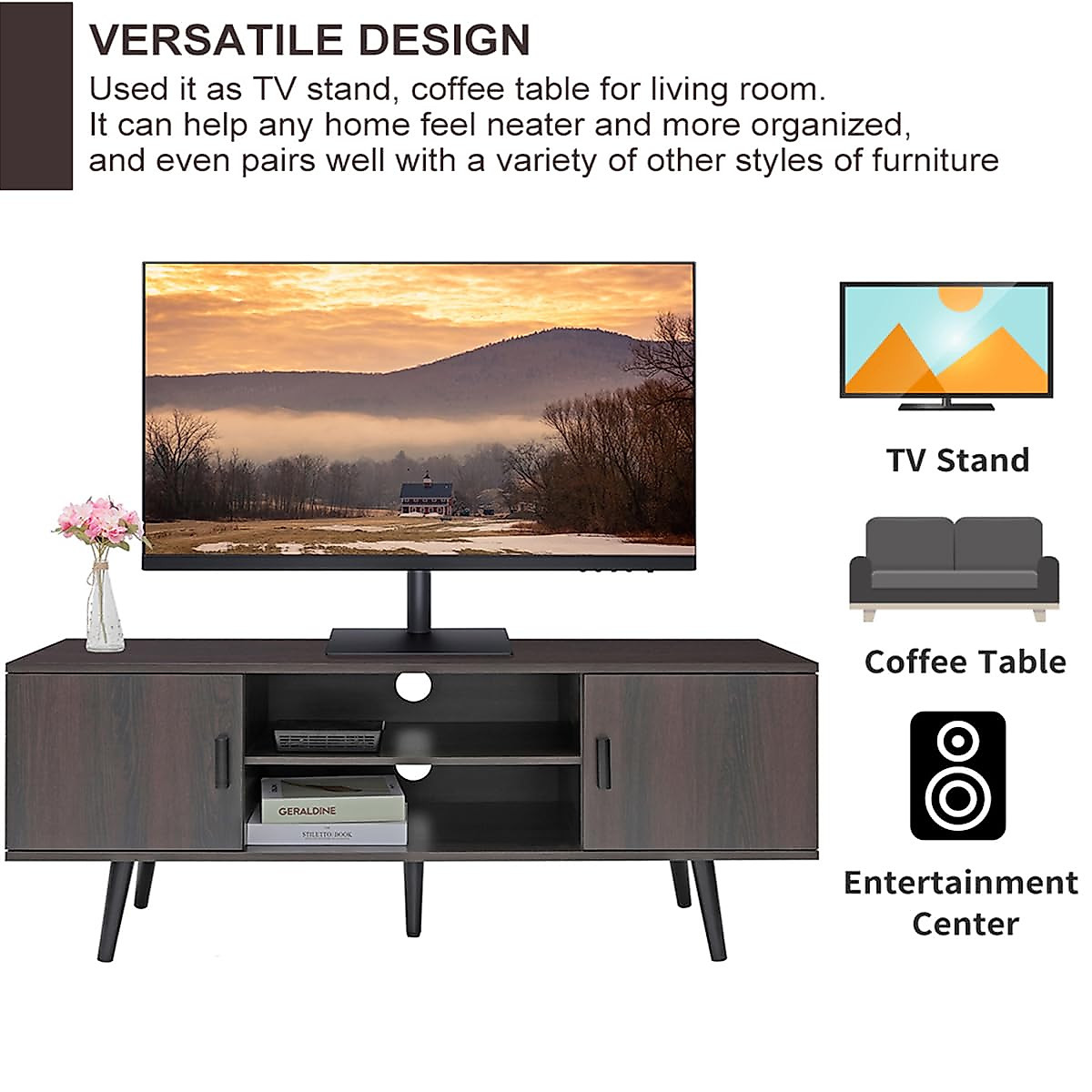 Iwell TV Stand for 55 inch TV, Mid Century Modern TV Stand with Storage, Entertainment Center with 2 Cabinet & 2 Shelves, Retro TV Console Table for Living Room, Bedroom, Black Oak