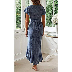 ZESICA Women's 2023 Bohemian Floral Printed Wrap V Neck Short Sleeve Split Beach Party Maxi Dress,Light BlueFloral,Small