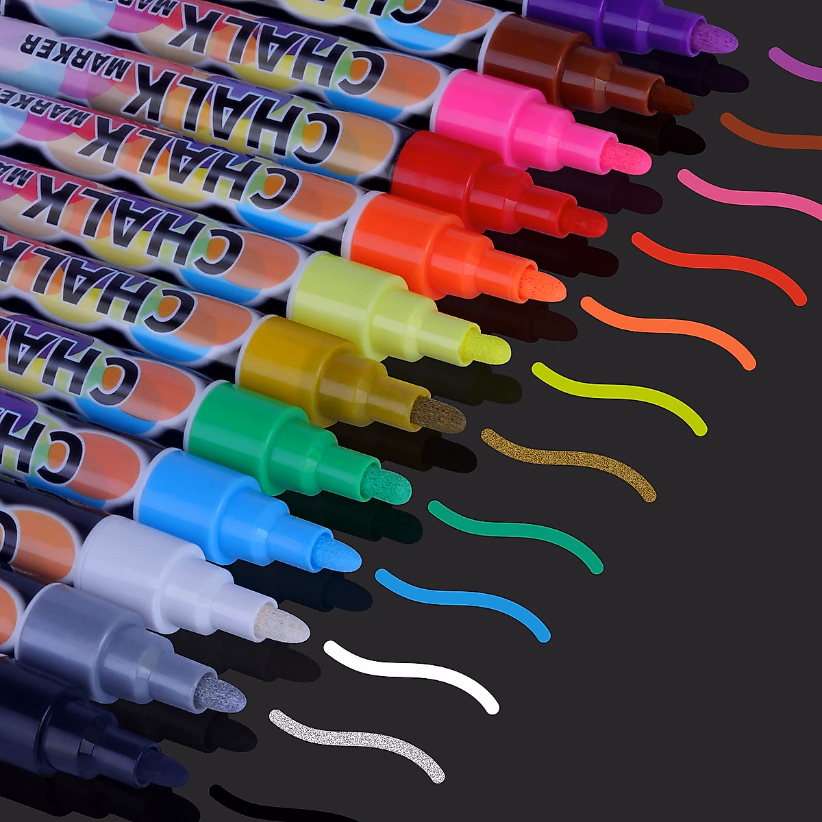 Liquid Chalk Markers Pens - 12 Colors Washable & Wet Erase Neon Chalk Makers for Blackboard, Chalkboard Signs, Glass Window, Graduation Celebration School Kids Art - Erasable Window Markers for Cars
