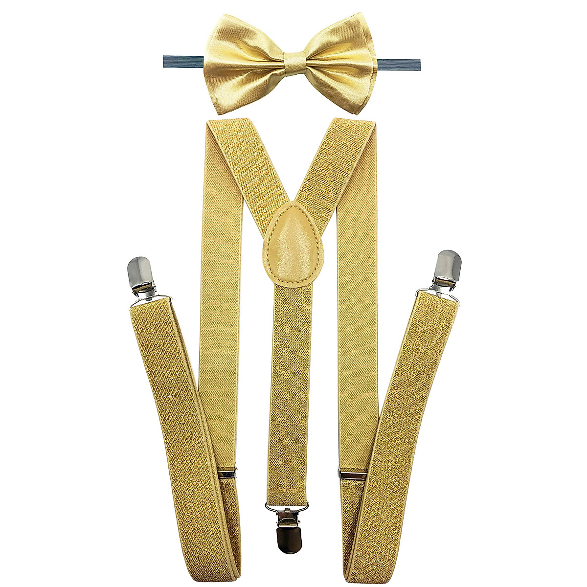 Consumable Depot CD Gold Suspender with Matching Metalic, Champagne, Sequined Bowtie Set (Champagne Gold)