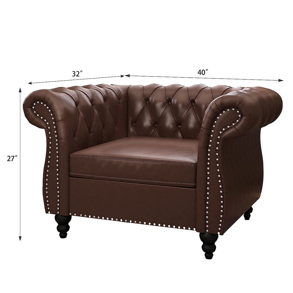 3 Piece Living Room Set, Chesterfield Leather Sofa Loveseat Couch Chair with Scroll Arms and Nailhead for Living Room, Office (Dark Brown)