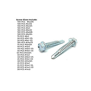 Unslotted Hex Washer Head Sheet Metal Self Drilling Tek Screw Assortment Kit - 1466 Pieces!
