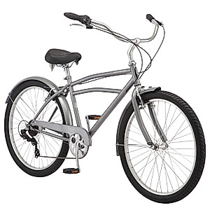 Schwinn Huron Beach Cruiser Bike for Adult, 7-Speed, Front and Rear Linear Pull Brake, 26-Inch Wheels, 17-Inch Step-Over Steel Frame, Full Front & Rear Fenders, Grey