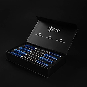 SENKEN 8-Piece Japanese Knife Set with Blue Resin Handle and Laser Damascus Pattern - Cerulean Collection - Chef's Knife, Santoku Knife, Bread Knife, Paring Knife, & More, Extremely Sharp Blades
