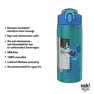 Zak Designs Disney Lilo and Stitch Water Bottle for Travel and At Home, 19 oz Vacuum Insulated Stainless Steel with Locking Spout Cover, Built-In Carrying Loop, Leak-Proof Design (Stitch)